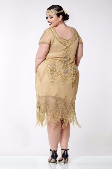 Annette 1920s Fringe Flapper Dress In Gold Beige Size 18 – RetroEsque